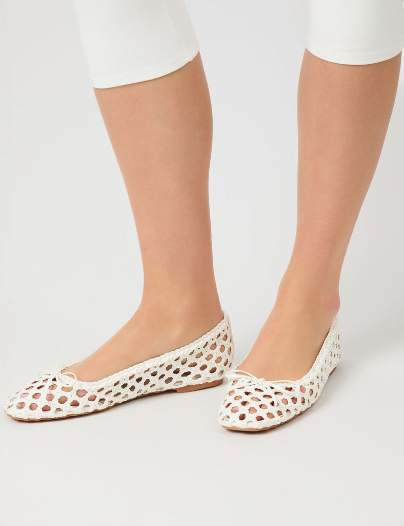 Alundra White Pu Woven Bow Detail Ballet Pump Flat