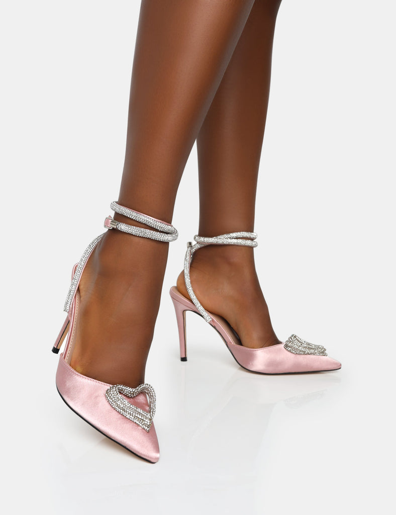 Cupid Baby Pink Satin Diamante Heart Wrap Around Pointed Toe Stiletto Heels