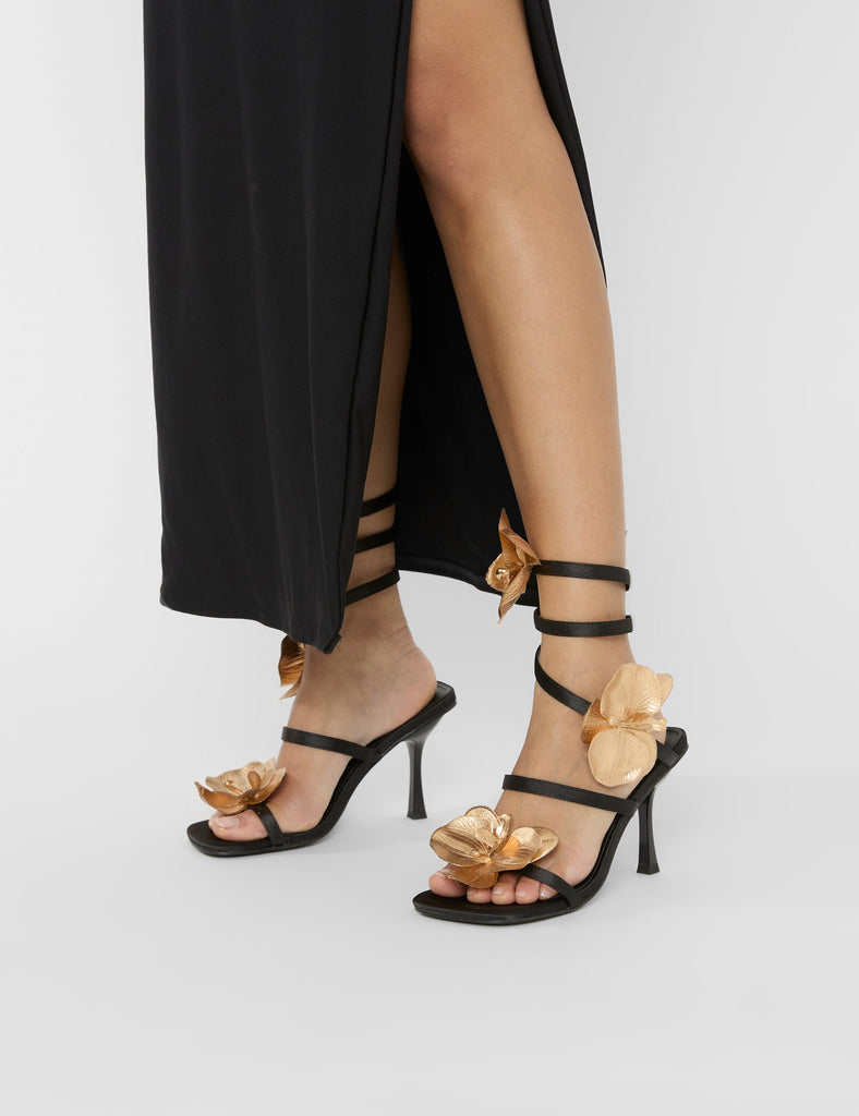 Lotus Black Satin and Gold Flower Trim Wrap Around Flared Stiletto High ...