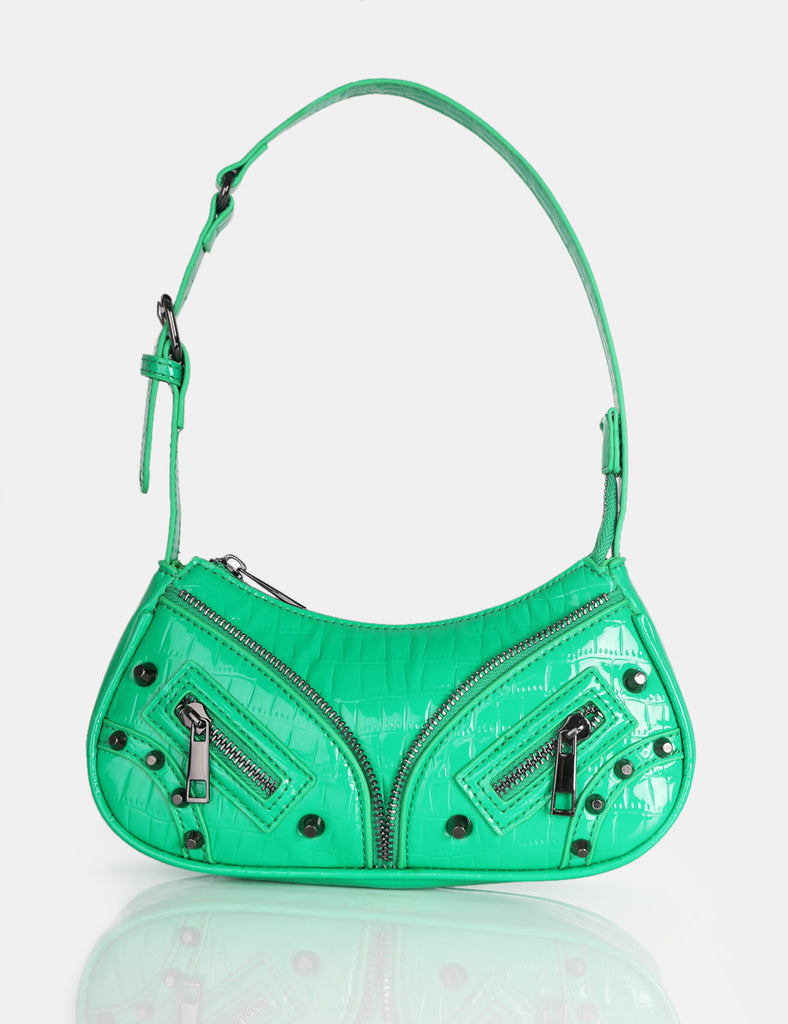 The Zip Neon Green Croc Shoulder Bag