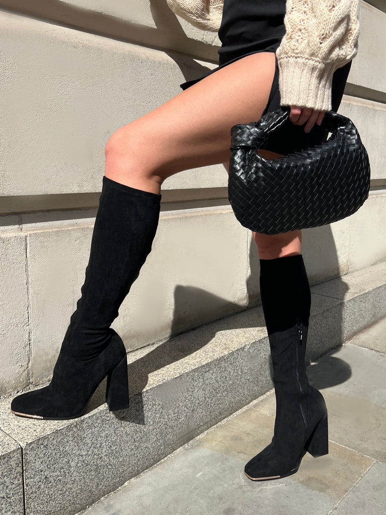 Caryn Black Suede Knee High Heeled Boots